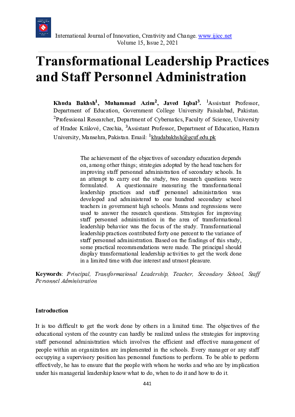 (PDF) Transformational Leadership Practices and Staff Personnel Administration