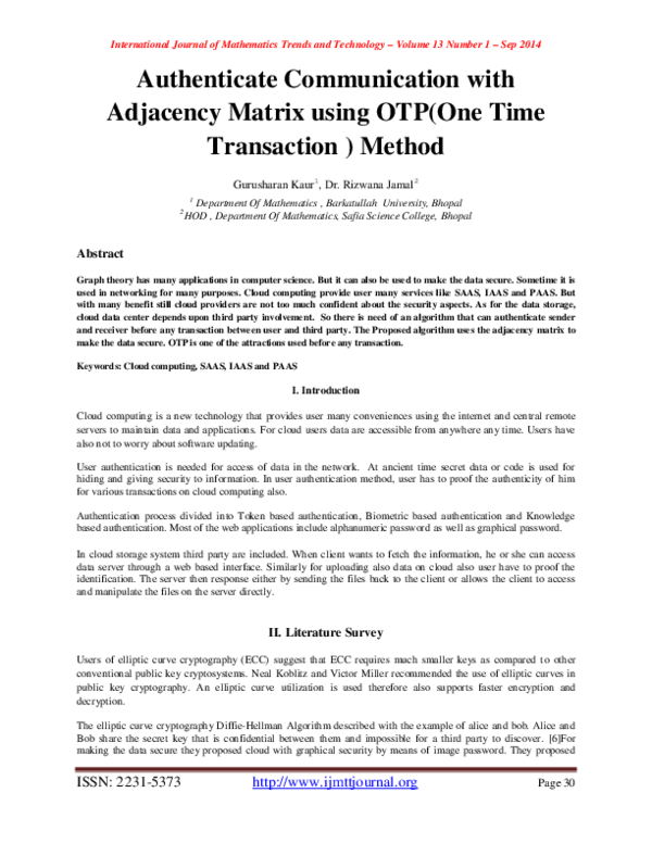 (PDF) Authenticate Communication with Adjacency Matrix using OTP(One Time Transaction) Method