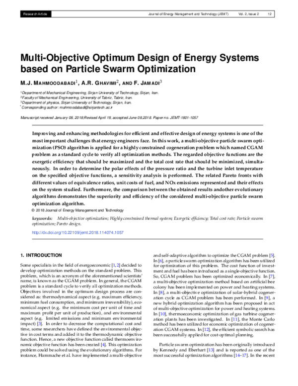 Pdf Multi Objective Optimum Design Of Energy Systems Based On Particle Swarm Optimization