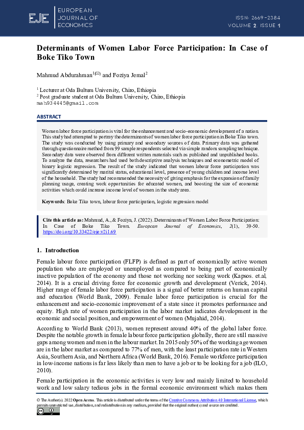 (PDF) Determinants of Women Labor Force Participation: In Case of Boke Tiko Town