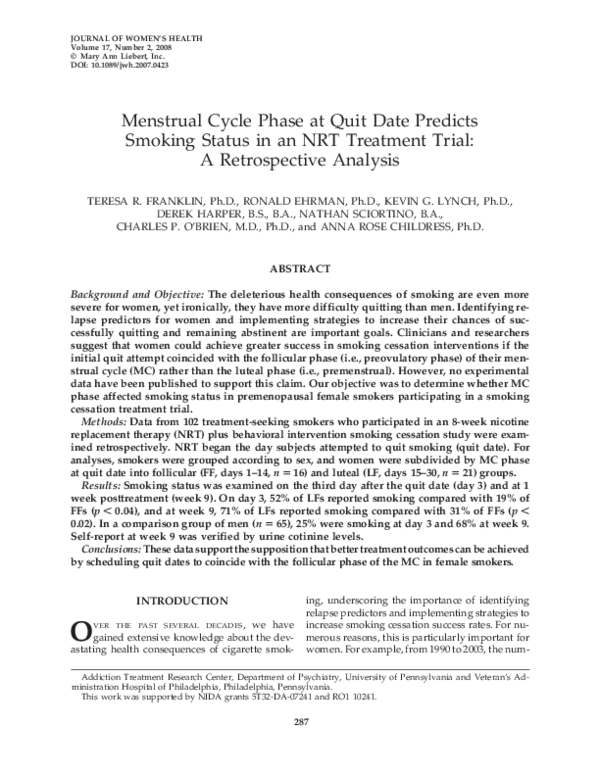 (PDF) Menstrual Cycle Phase at Quit Date Predicts Smoking Status in an ...