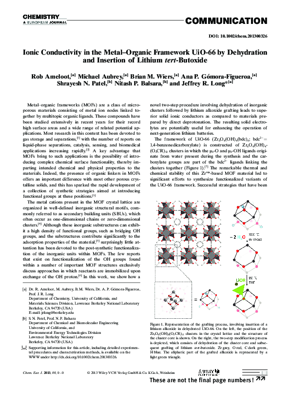 (PDF) Ionic Conductivity in the Metal-Organic Framework UiO-66 by Dehydration and Insertion of ...