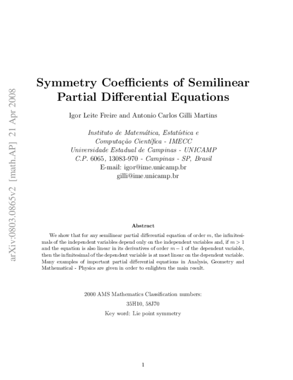 (PDF) Symmetry Coefficients of Semilinear Partial Differential Equations