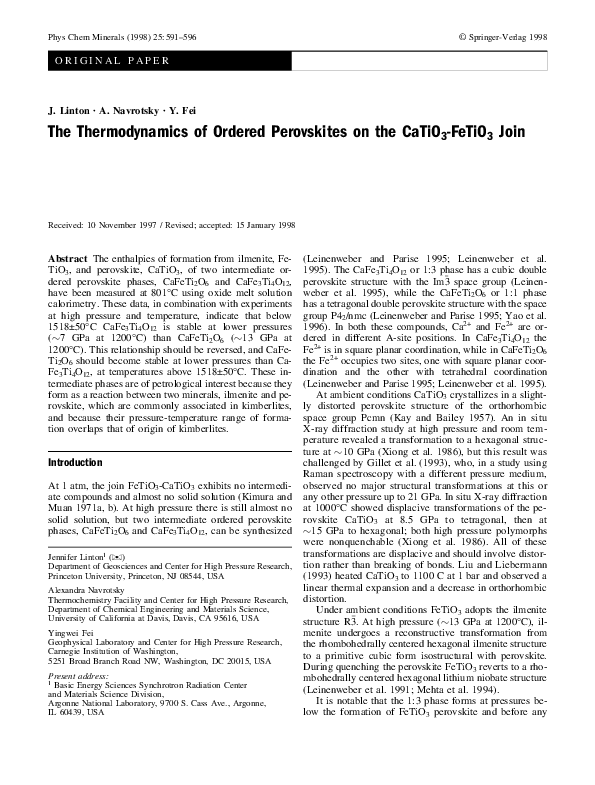 (PDF) The Thermodynamics of Ordered Perovskites on the CaTiO 3 -FeTiO 3 ...