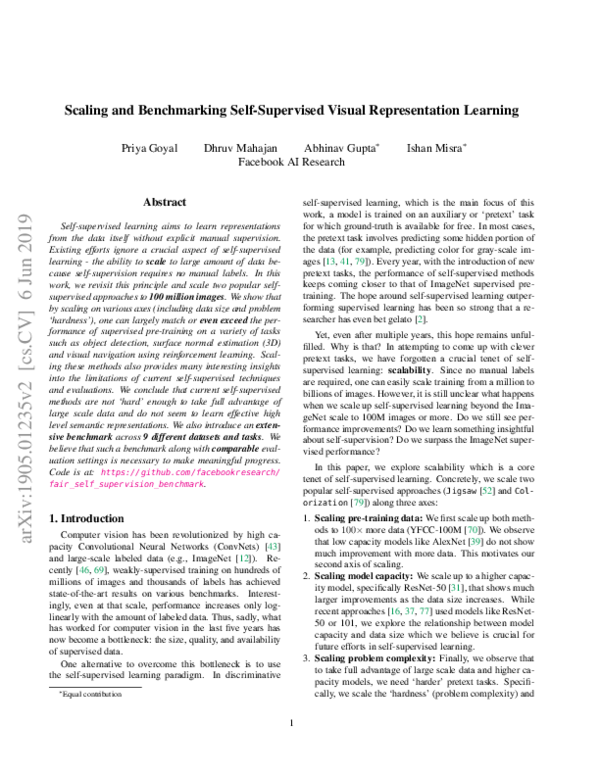 Pdf Scaling And Benchmarking Self Supervised Visual Representation Learning