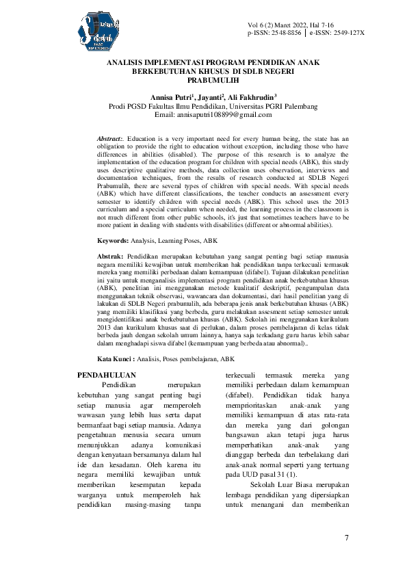 (PDF) Analisis Implementasi Program Pendidikan Anak Berkebutuhan Khusus DI SDLB Negeri Prabumulih