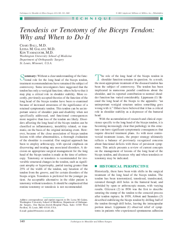 (PDF) Tenodesis or Tenotomy of the Biceps Tendon: Why and When to Do It