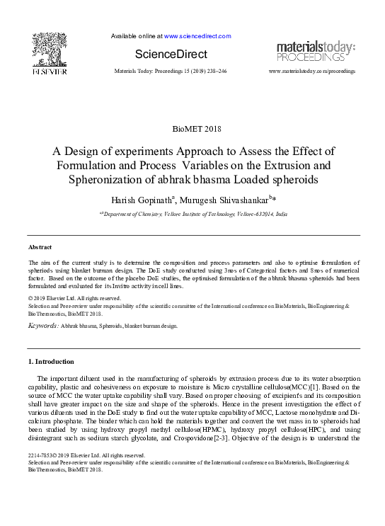 (PDF) A Design of experiments Approach to Assess the Effect of Formulation and Process Variables ...