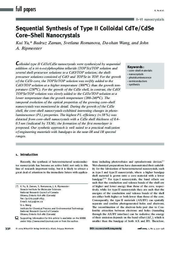 (PDF) Sequential Synthesis of Type II Colloidal CdTe/CdSe Core–Shell Nanocrystals | badruz zaman ...