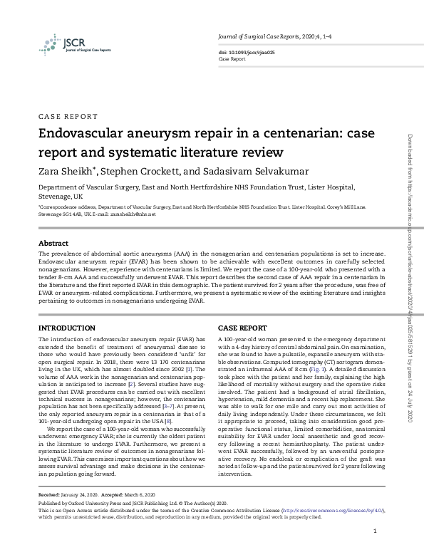 Pdf Endovascular Aneurysm Repair In A Centenarian Case Report And