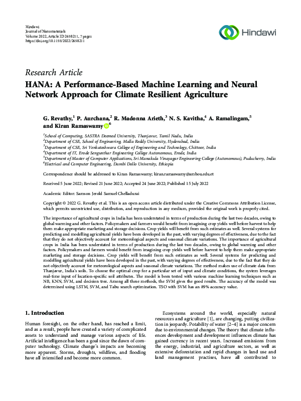(PDF) HANA: A Performance-Based Machine Learning and Neural Network Approach for Climate ...