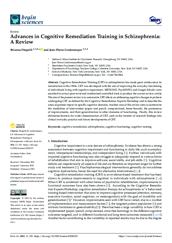 (PDF) Advances in Cognitive Remediation Training in Schizophrenia: A Review
