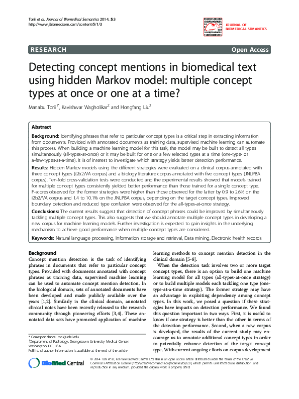 (PDF) Detecting concept mentions in biomedical text using hidden Markov model: multiple concept ...