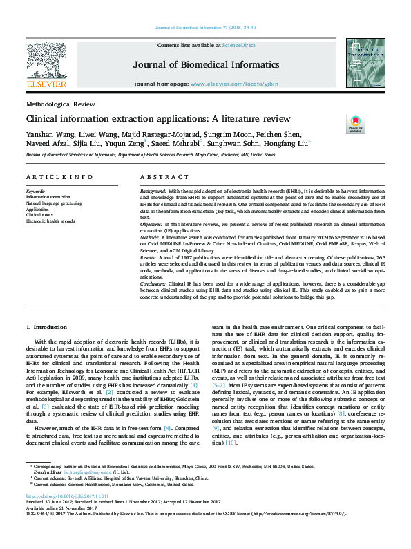 Pdf Clinical Information Extraction Applications A Literature Review