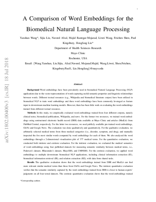 (PDF) A Comparison of Word Embeddings for the Biomedical Natural Language Processing
