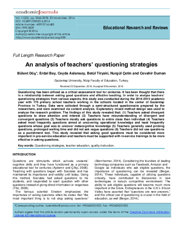 Pdf An Analysis Of Teachers Questioning Strategies