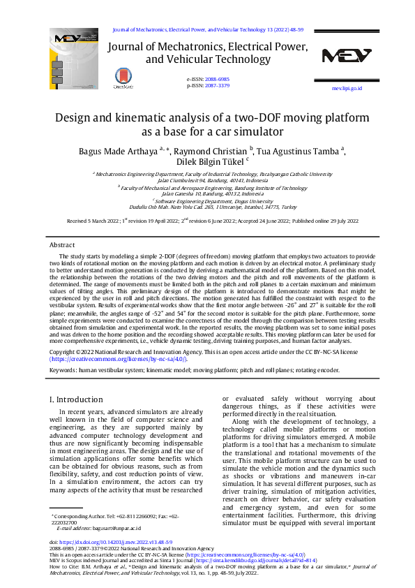 (PDF) Design and kinematic analysis of a two-DOF moving platform as a base for a car simulator