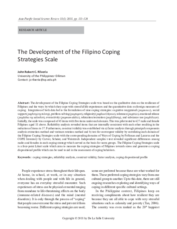 (PDF) The Development of the Filipino Coping Strategies Scale