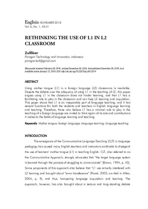 (PDF) Rethinking the Use of L1 in L2 Classroom