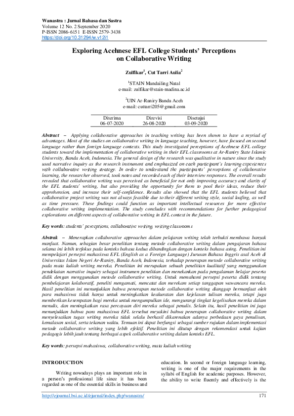 (PDF) Exploring Acehnese EFL College Students’ Perceptions on Collaborative Writing