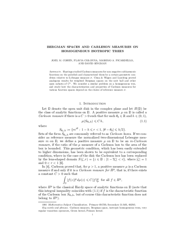 (PDF) Bergman Spaces and Carleson Measures on Homogeneous Isotropic Trees