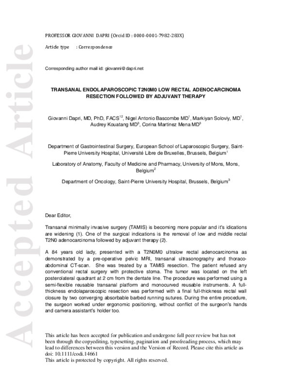 (PDF) Transanal endolaparoscopic t2n0m0 low rectal adenocarcinoma ...