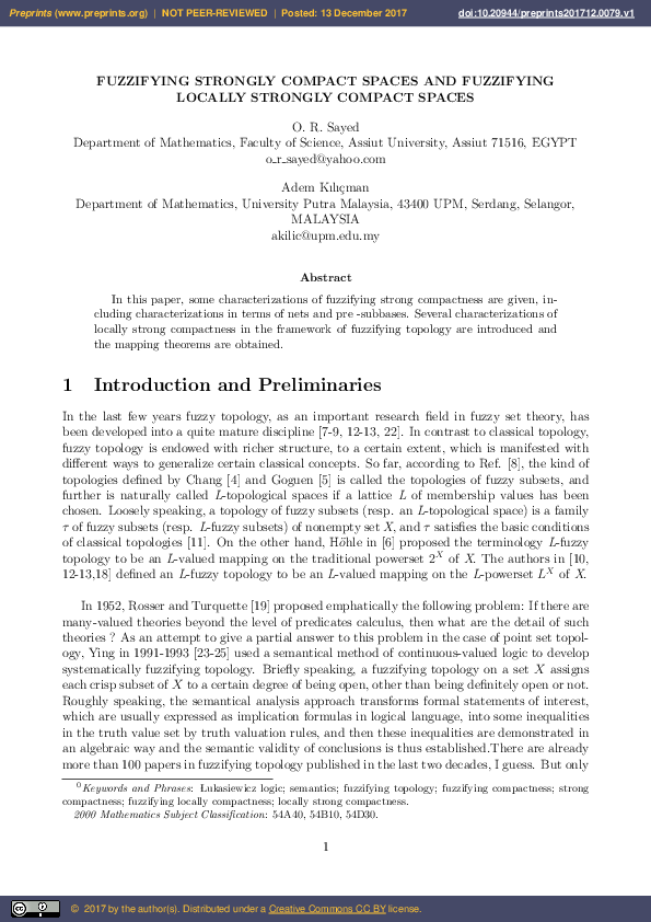 (PDF) Fuzzifying Strongly Compact Spaces and Fuzzifying Locally Strongly Compact Spaces