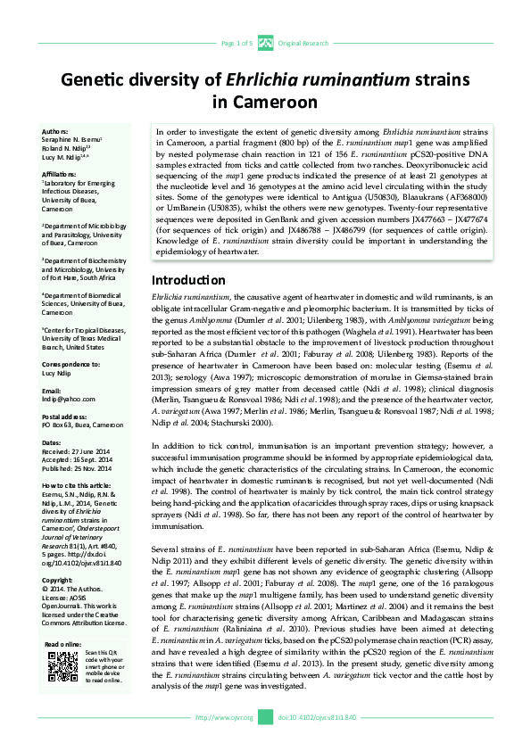 (PDF) Genetic diversity of Ehrlichia ruminantium strains in Cameroon ...