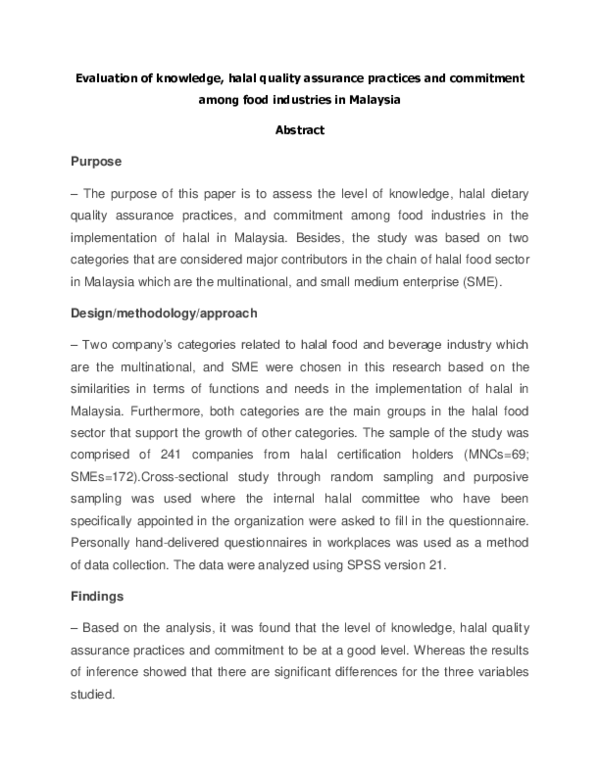(PDF) Evaluation of knowledge, halal quality assurance practices and ...