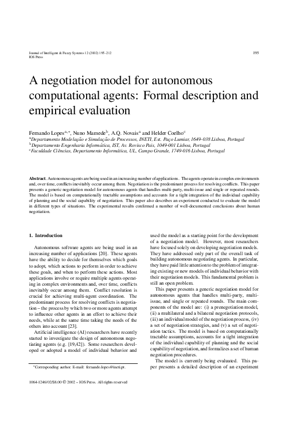 (PDF) A negotiation model for autonomous computational agents: Formal description and empirical ...