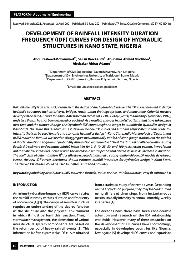 Pdf Development Of Rainfall Intensity Duration Frequency Idf Curves For Design Of Hydraulic
