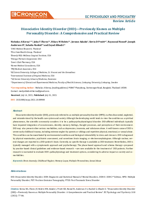 (PDF) Dissociative Identity Disorder (DID)—Previously Known as Multiple ...