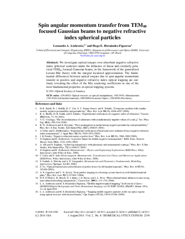 (PDF) Spin angular momentum transfer from TEM(00) focused Gaussian beams to negative refractive ...