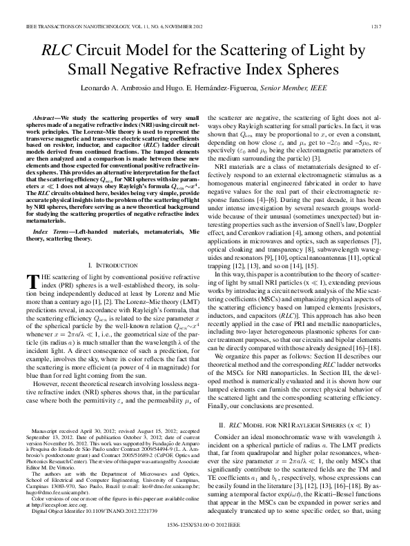 (PDF) RLC Circuit Model for the Scattering of Light by Small Negative ...