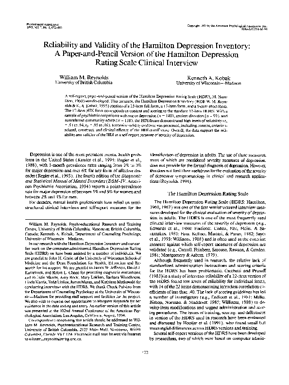 (PDF) Reliability and validity of the Hamilton Depression Inventory: A ...