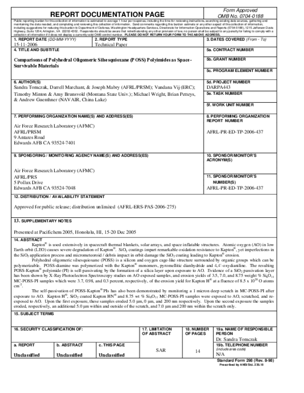 (PDF) Comparisons of Polyhedral Oligomeric Silsesquioxane Polyimides as ...
