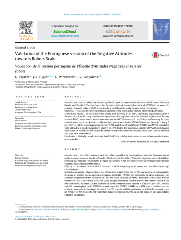(PDF) Validation of the Portuguese version of the Negative Attitudes towards Robots Scale