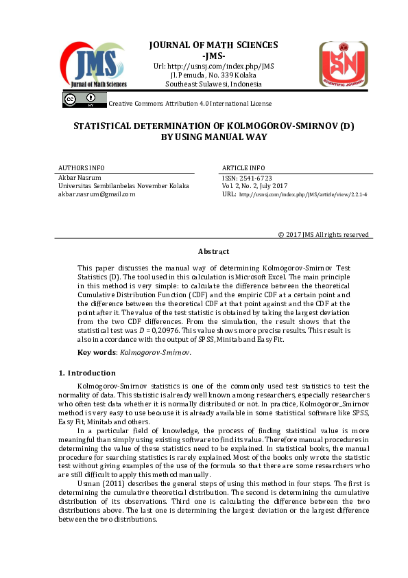 Pdf Statistical Determination Of Kolmogorov Smirnov D By Using
