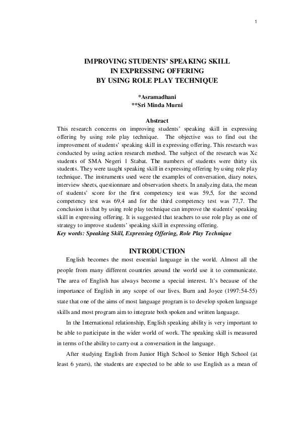 (PDF) Improving Students’ Speaking Skill in Expressing Offering by Using Role Play Technique