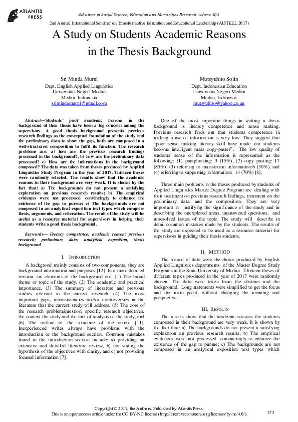 (PDF) A Study on Students Academic Reasons in the Thesis Background