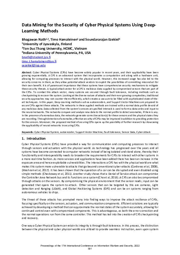 (PDF) Data Mining for the Security of Cyber Physical Systems Using Deep-Learning Methods