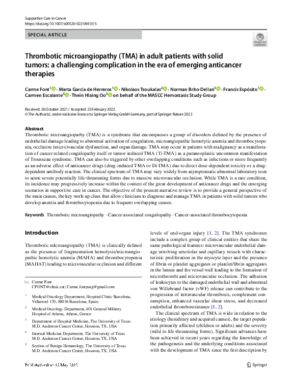 (PDF) Thrombotic microangiopathy (TMA) in adult patients with solid ...