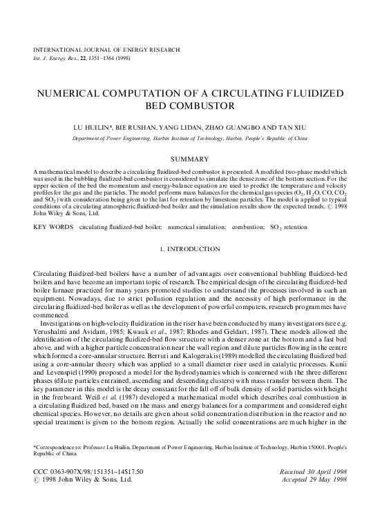 Pdf Numerical Computation Of A Circulating Fluidized Bed Combustor