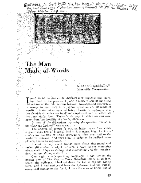 (PDF) The Man Made of Words - Dr. N. Scott Momaday. Ph.D. [EXTRACT]