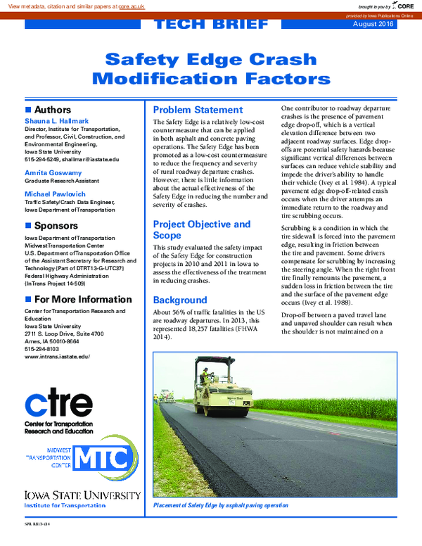 (PDF) Safety edge crash modification factors : tech brief