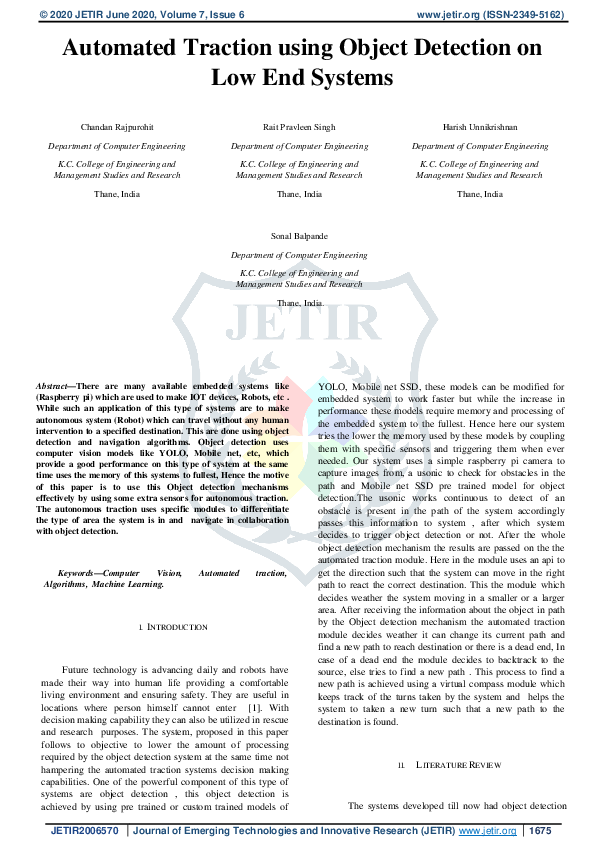 (PDF) Automated Traction using Object Detection on Low End Systems