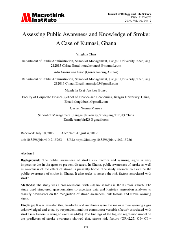 (PDF) Assessing Public Awareness and Knowledge of Stroke: A Case of Kumasi, Ghana