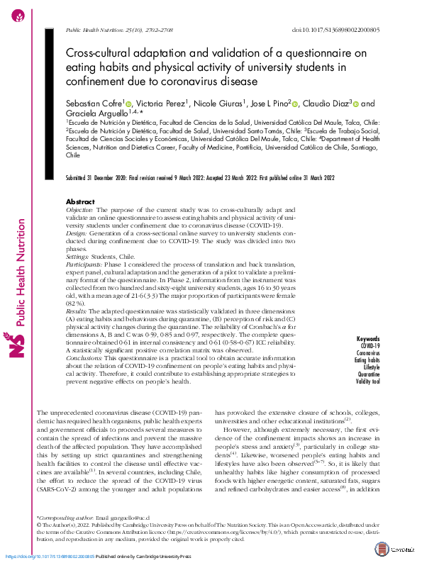 (PDF) Cross-cultural adaptation and validation of a questionnaire on eating habits and physical ...