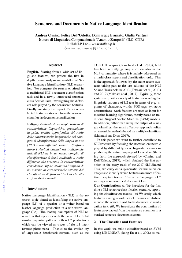(PDF) Sentences and Documents in Native Language Identification