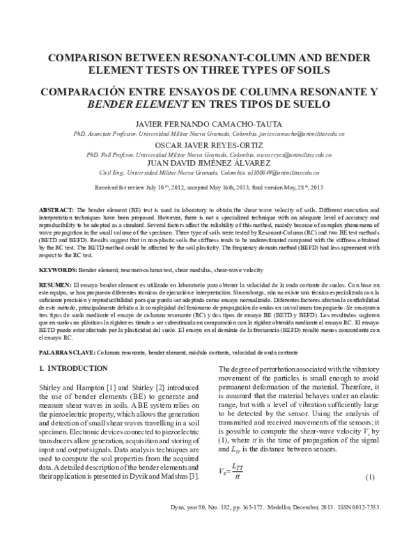Pdf Comparison Between Resonant Column And Bender Element Tests On